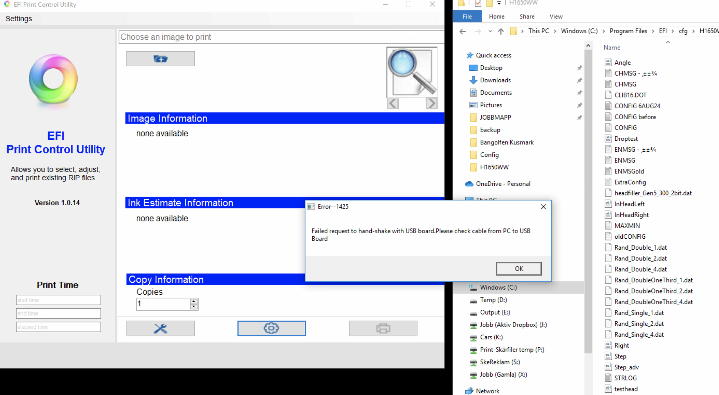 Error 1425 Failed request to hand-shake with USB Board
