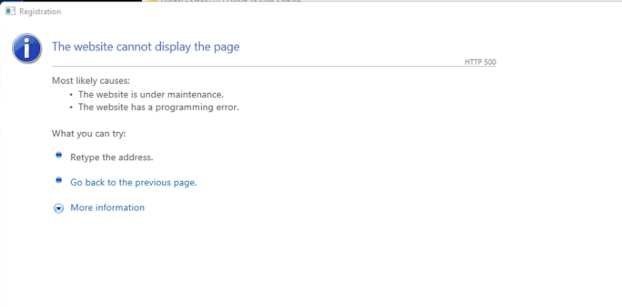 Registration issue - HTTP: 500 error The website cannot display the page